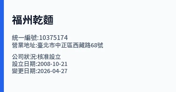 福州乾麵的照片-統編 10375174(臺北市) 公司登記資料與營業項目詳細圖表