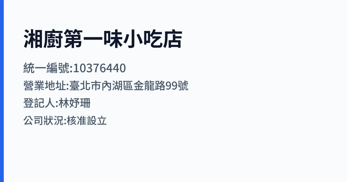 湘廚第一味小吃店 - 統編 10376440(臺北市) 公司登記資料與營業項目詳細圖表