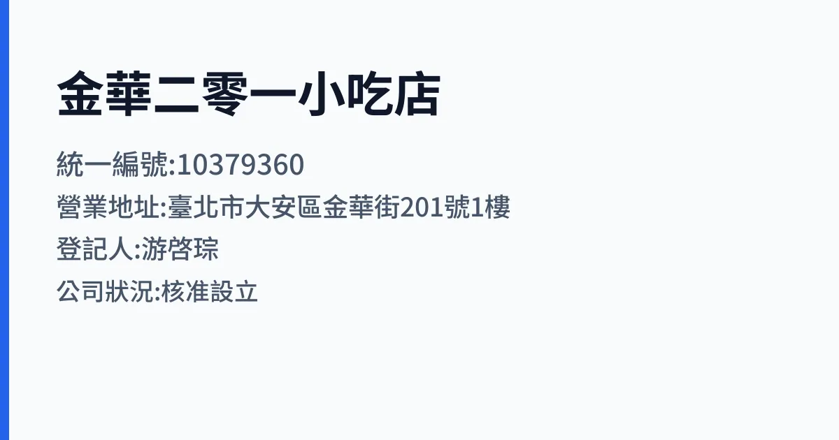 金華二零一小吃店 - 統編 10379360(臺北市) 公司登記資料與營業項目詳細圖表
