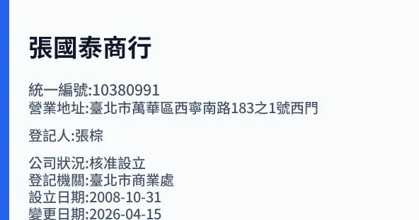 張國泰商行的照片-統編 10380991(臺北市) 公司登記資料與營業項目詳細圖表