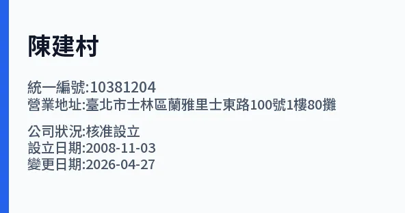 陳建村的照片-統編 10381204(臺北市) 公司登記資料與營業項目詳細圖表