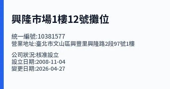 興隆市場1樓12號攤位的照片-統編 10381577(臺北市) 公司登記資料與營業項目詳細圖表