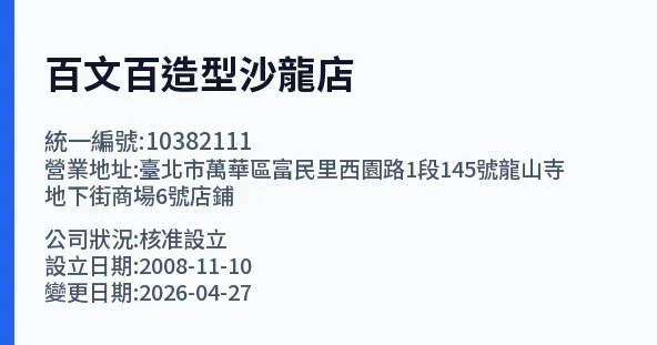 百文百造型沙龍店的照片-統編 10382111(臺北市) 公司登記資料與營業項目詳細圖表