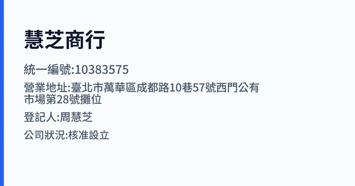 慧芝商行 - 統編 10383575(臺北市) 公司登記資料與營業項目詳細圖表