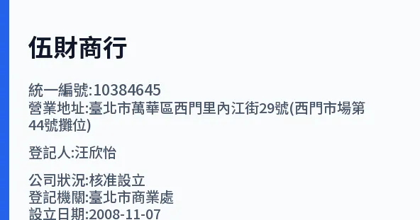 伍財商行的照片-統編 10384645(臺北市) 公司登記資料與營業項目詳細圖表