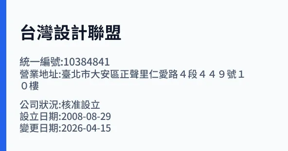 台灣設計聯盟的照片-統編 10384841(臺北市) 公司登記資料與營業項目詳細圖表