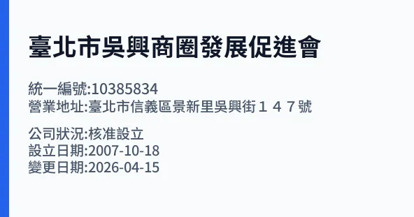 臺北市吳興商圈發展促進會的照片-統編 10385834(臺北市) 公司登記資料與營業項目詳細圖表
