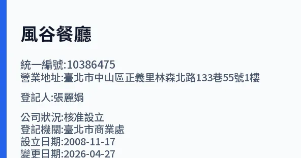 風谷餐廳的照片-統編 10386475(臺北市) 公司登記資料與營業項目詳細圖表