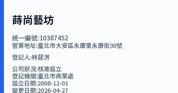 蒔尚藝坊的照片-統編 10387452(臺北市) 公司登記資料與營業項目詳細圖表
