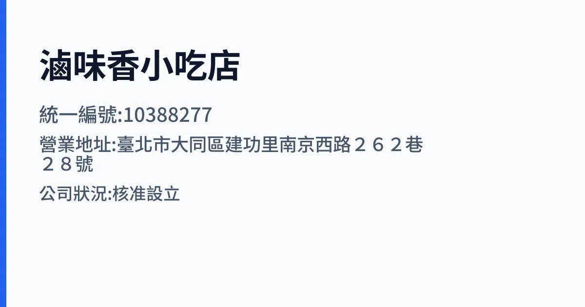 滷味香小吃店 - 統編 10388277(臺北市) 公司登記資料與營業項目詳細圖表
