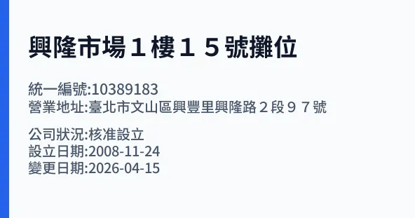 興隆市場１樓１５號攤位的照片-統編 10389183(臺北市) 公司登記資料與營業項目詳細圖表