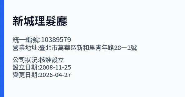 新城理髮廳的照片-統編 10389579(臺北市) 公司登記資料與營業項目詳細圖表