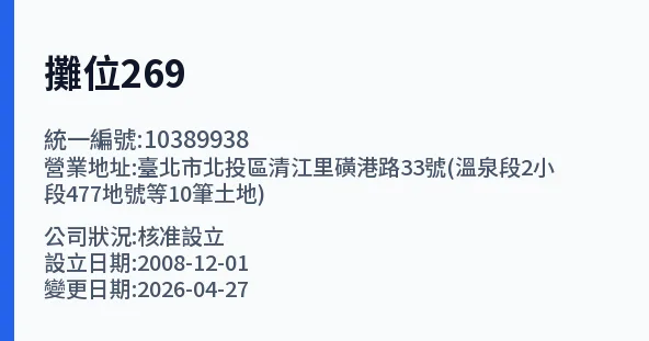 攤位269的照片-統編 10389938(臺北市) 公司登記資料與營業項目詳細圖表