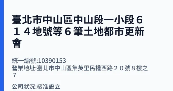 臺北市中山區中山段一小段６１４地號等６筆土地都市更新會的照片-統編 10390153(臺北市) 公司登記資料與營業項目詳細圖表