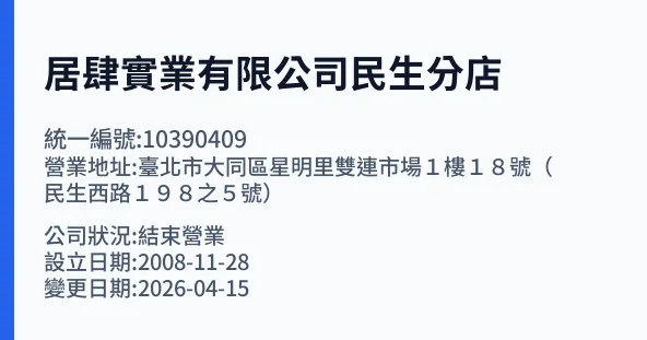 居肆實業有限公司民生分店的照片-統編 10390409(臺北市) 公司登記資料與營業項目詳細圖表