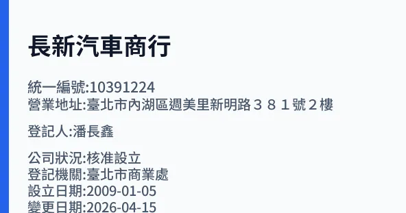 長新汽車商行的照片-統編 10391224(臺北市) 公司登記資料與營業項目詳細圖表