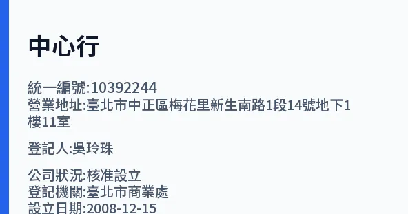 中心行的照片-統編 10392244(臺北市) 公司登記資料與營業項目詳細圖表