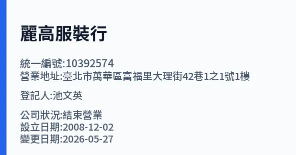 麗高服裝行的照片-統編 10392574(臺北市) 公司登記資料與營業項目詳細圖表