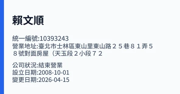 賴文順的照片-統編 10393243(臺北市) 公司登記資料與營業項目詳細圖表