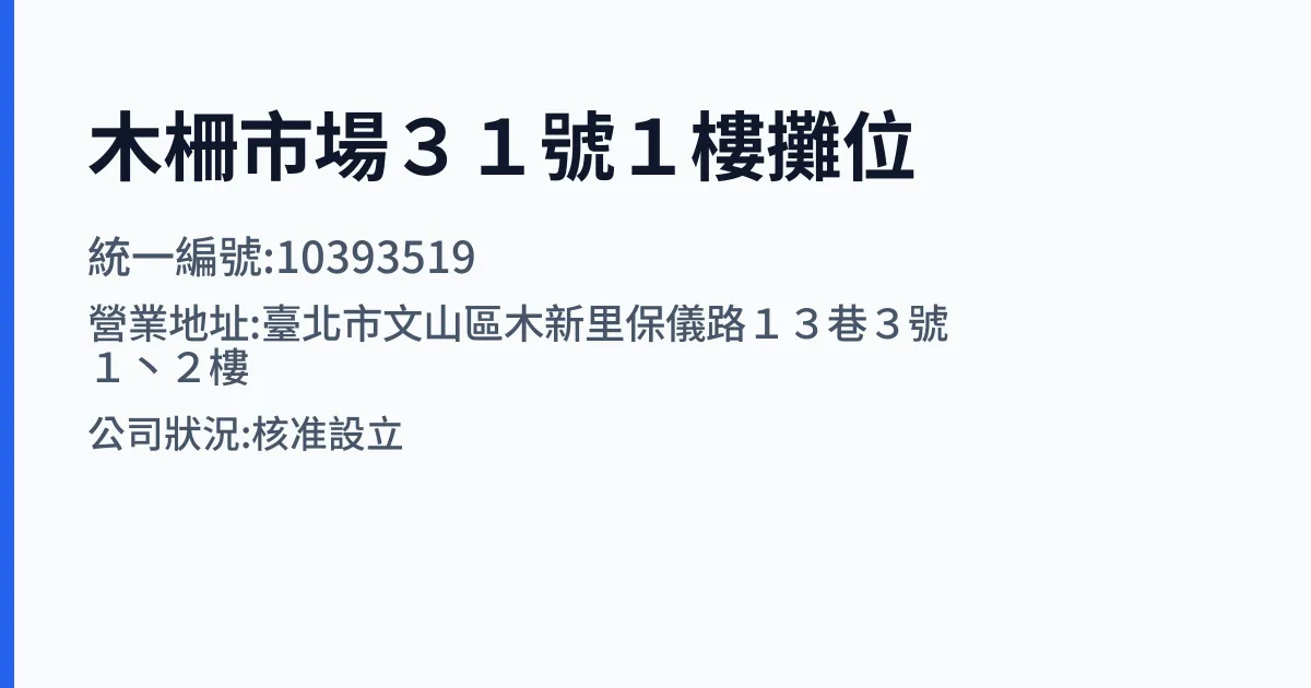 木柵市場３１號１樓攤位 - 統編 10393519(臺北市) 公司登記資料與營業項目詳細圖表