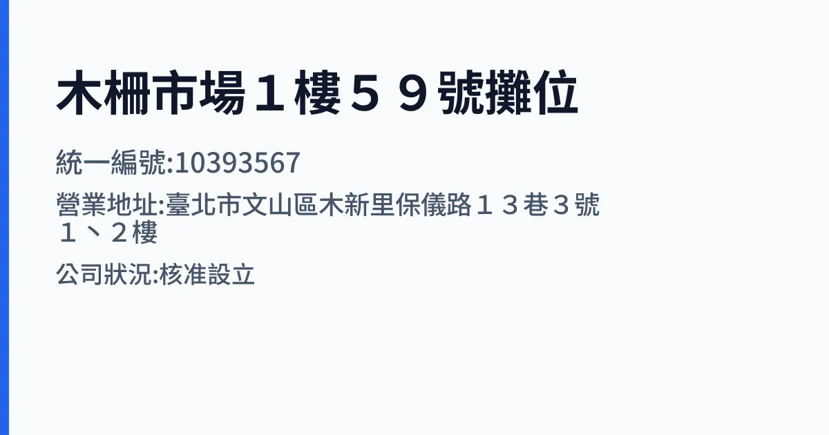 木柵市場１樓５９號攤位 - 統編 10393567(臺北市) 公司登記資料與營業項目詳細圖表