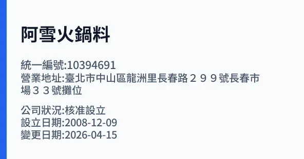 阿雪火鍋料的照片-統編 10394691(臺北市) 公司登記資料與營業項目詳細圖表