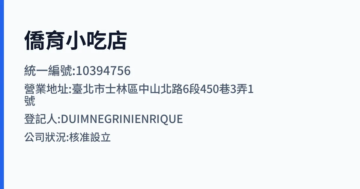僑育小吃店 - 統編 10394756(臺北市) 公司登記資料與營業項目詳細圖表