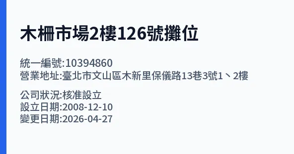 木柵市場2樓126號攤位的照片-統編 10394860(臺北市) 公司登記資料與營業項目詳細圖表