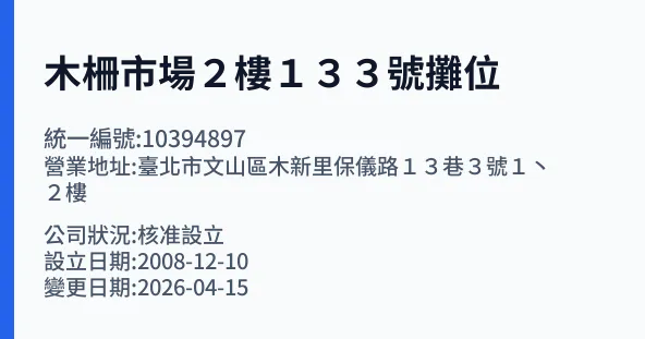 木柵市場２樓１３３號攤位的照片-統編 10394897(臺北市) 公司登記資料與營業項目詳細圖表