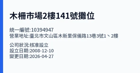 木柵市場2樓141號攤位的照片-統編 10394947(臺北市) 公司登記資料與營業項目詳細圖表