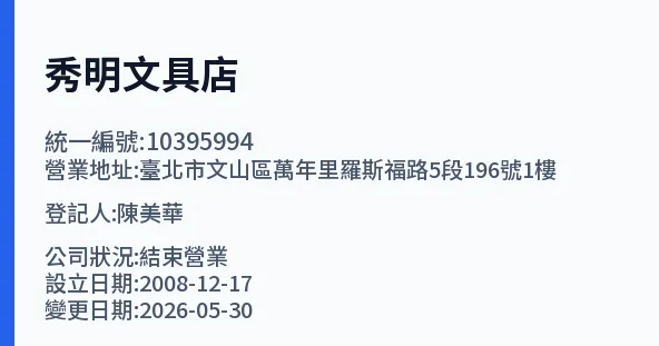 秀明文具店的照片-統編 10395994(臺北市) 公司登記資料與營業項目詳細圖表