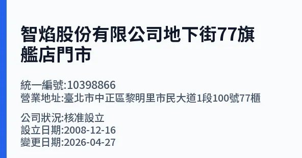 智焰股份有限公司地下街77旗艦店門市的照片-統編 10398866(臺北市) 公司登記資料與營業項目詳細圖表