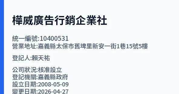 樺威廣告行銷企業社的照片-統編 10400531(嘉義縣) 公司登記資料與營業項目詳細圖表