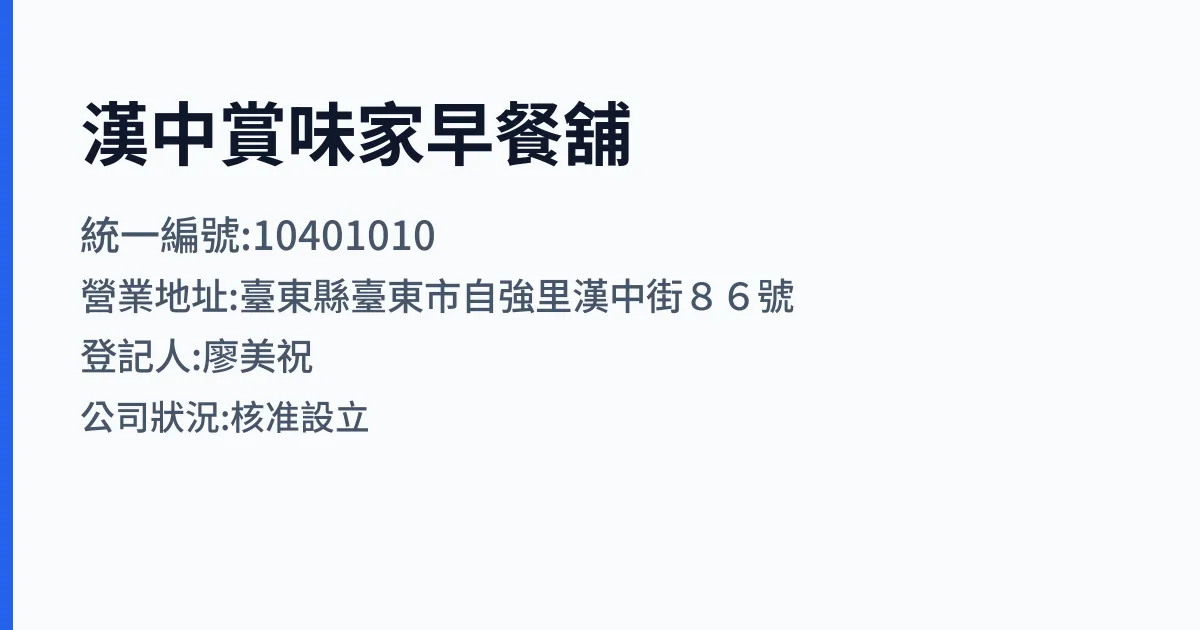 漢中賞味家早餐舖 - 統編 10401010(臺東縣) 公司登記資料與營業項目詳細圖表