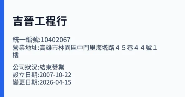 吉晉工程行的照片-統編 10402067(高雄市) 公司登記資料與營業項目詳細圖表