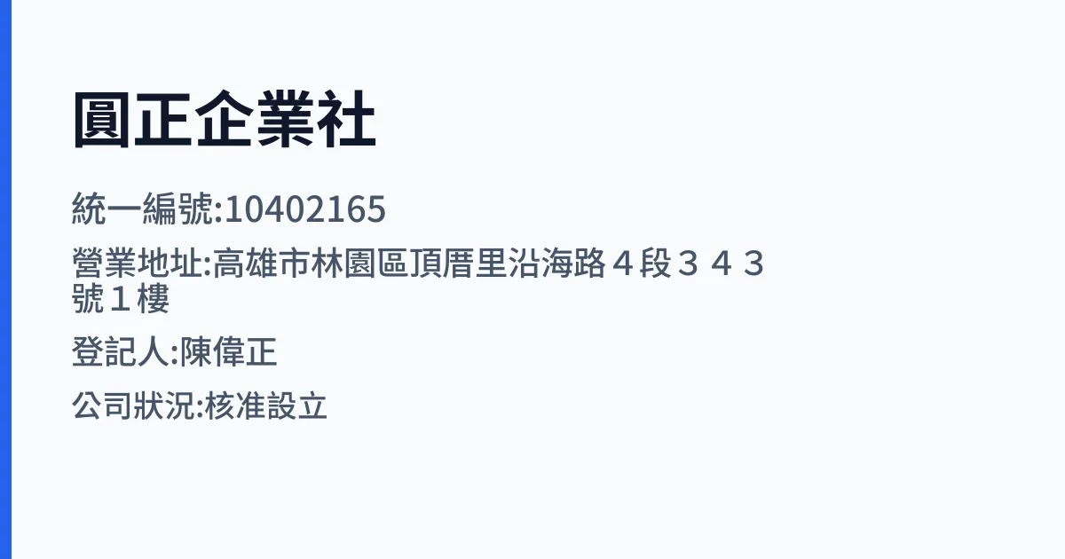 圓正企業社 - 統編 10402165(高雄市) 公司登記資料與營業項目詳細圖表