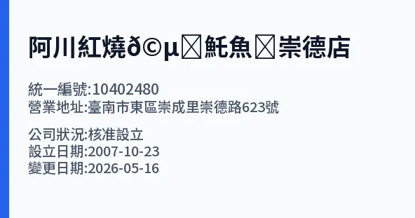 阿川紅燒𩵚魠魚焿崇德店的照片-統編 10402480(臺南市) 公司登記資料與營業項目詳細圖表