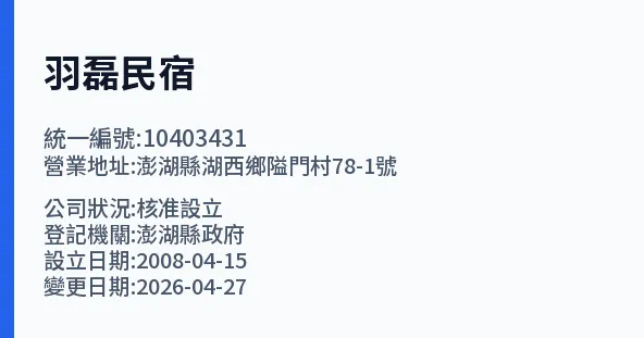 羽磊民宿的照片-統編 10403431(澎湖縣) 公司登記資料與營業項目詳細圖表