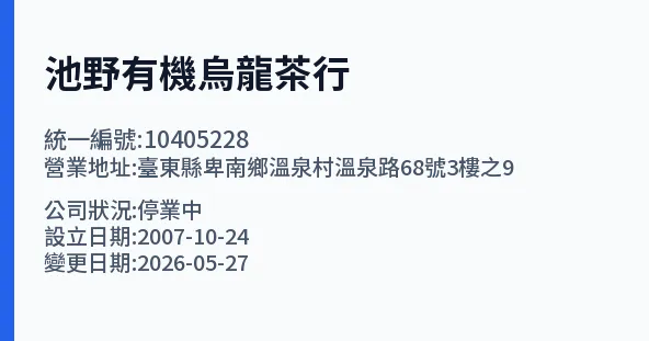池野有機烏龍茶行的照片-統編 10405228(臺東縣) 公司登記資料與營業項目詳細圖表