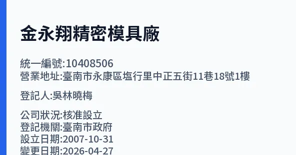 金永翔精密模具廠的照片-統編 10408506(臺南市) 公司登記資料與營業項目詳細圖表