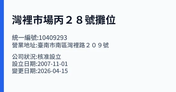 灣裡市場丙２８號攤位的照片-統編 10409293(臺南市) 公司登記資料與營業項目詳細圖表