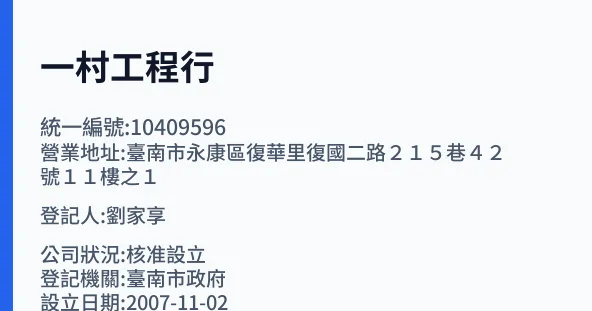 一村工程行的照片-統編 10409596(臺南市) 公司登記資料與營業項目詳細圖表