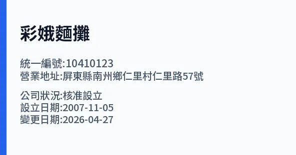彩娥麵攤的照片-統編 10410123(屏東縣) 公司登記資料與營業項目詳細圖表