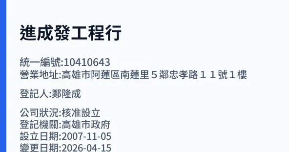進成發工程行的照片-統編 10410643(高雄市) 公司登記資料與營業項目詳細圖表