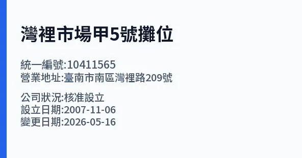灣裡市場甲5號攤位的照片-統編 10411565(臺南市) 公司登記資料與營業項目詳細圖表