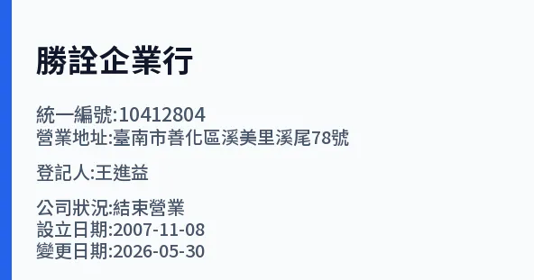 勝詮企業行的照片-統編 10412804(臺南市) 公司登記資料與營業項目詳細圖表
