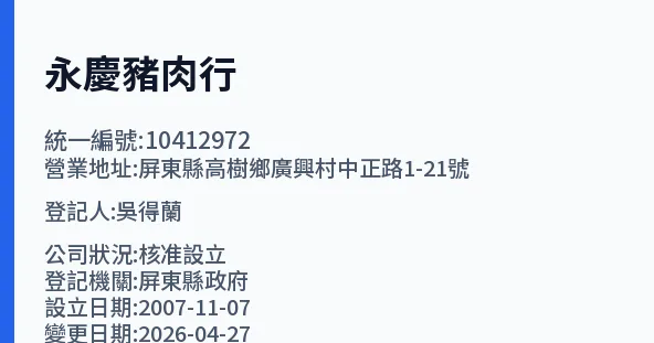 永慶豬肉行的照片-統編 10412972(屏東縣) 公司登記資料與營業項目詳細圖表