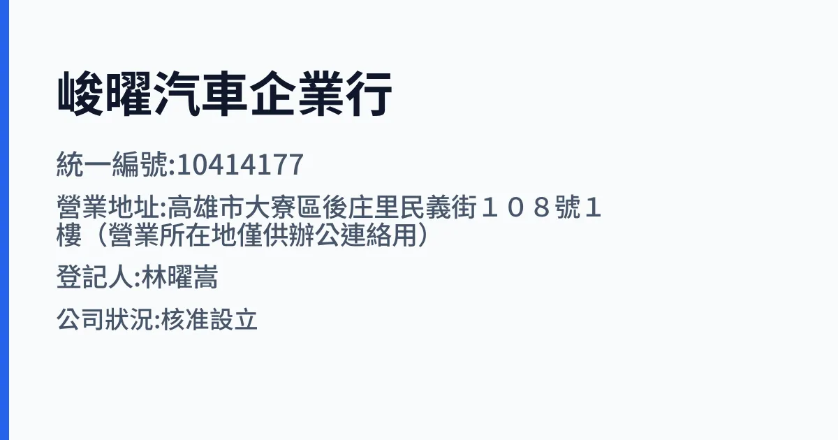 峻曜汽車企業行 - 統編 10414177(高雄市) 公司登記資料與營業項目詳細圖表