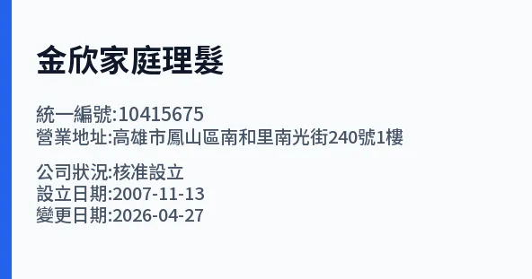 金欣家庭理髮的照片-統編 10415675(高雄市) 公司登記資料與營業項目詳細圖表