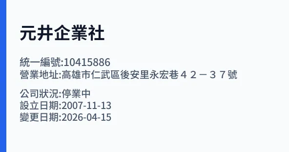 元井企業社的照片-統編 10415886(高雄市) 公司登記資料與營業項目詳細圖表